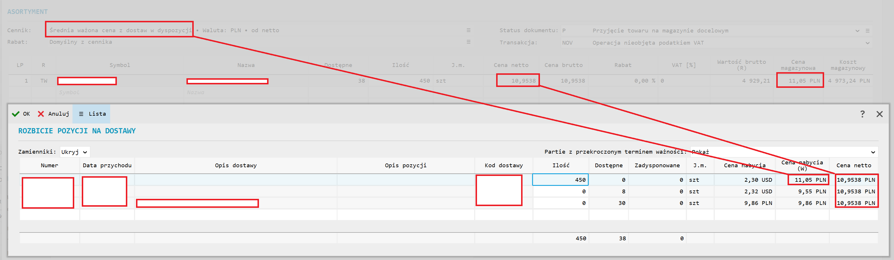 [BUG][Dok. MP] "Średnia ważona cena z dostaw w dyspozycji" używa algorytmu "Średnia ważona cena ...